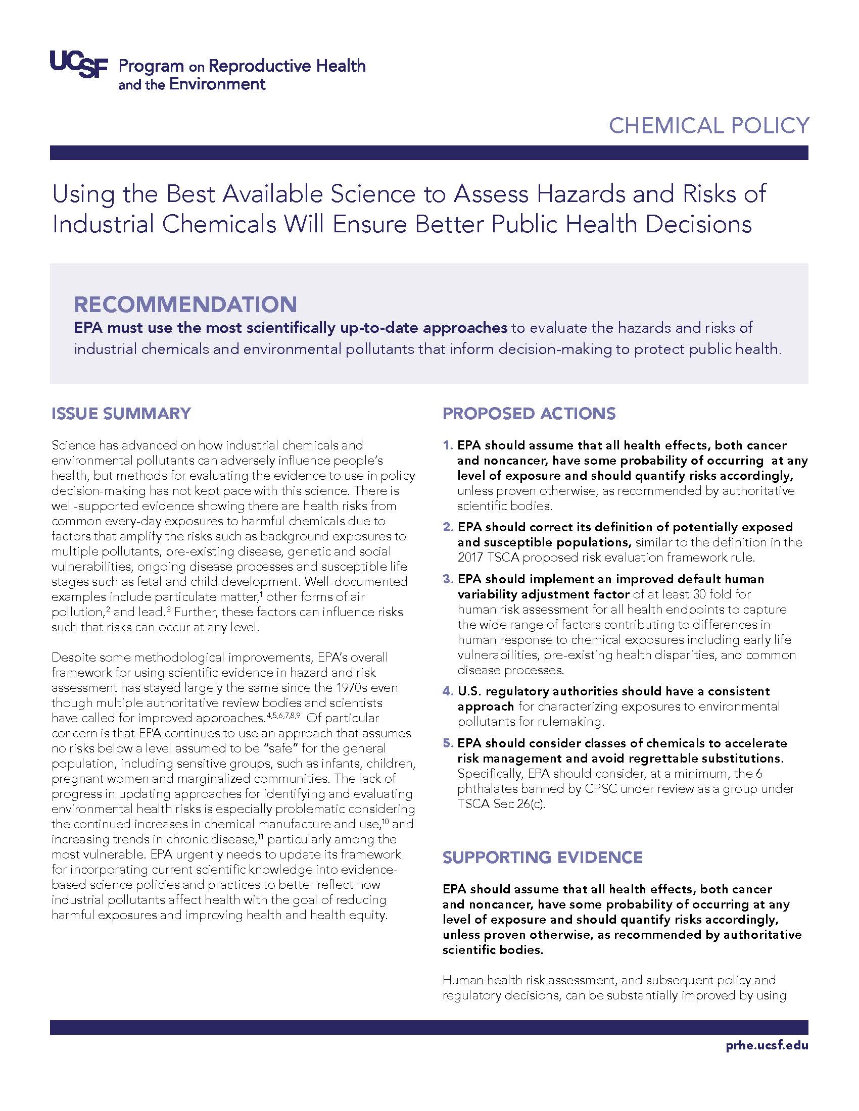 Recommendations to Administration | UCSF Program on Reproductive Health and the Environment